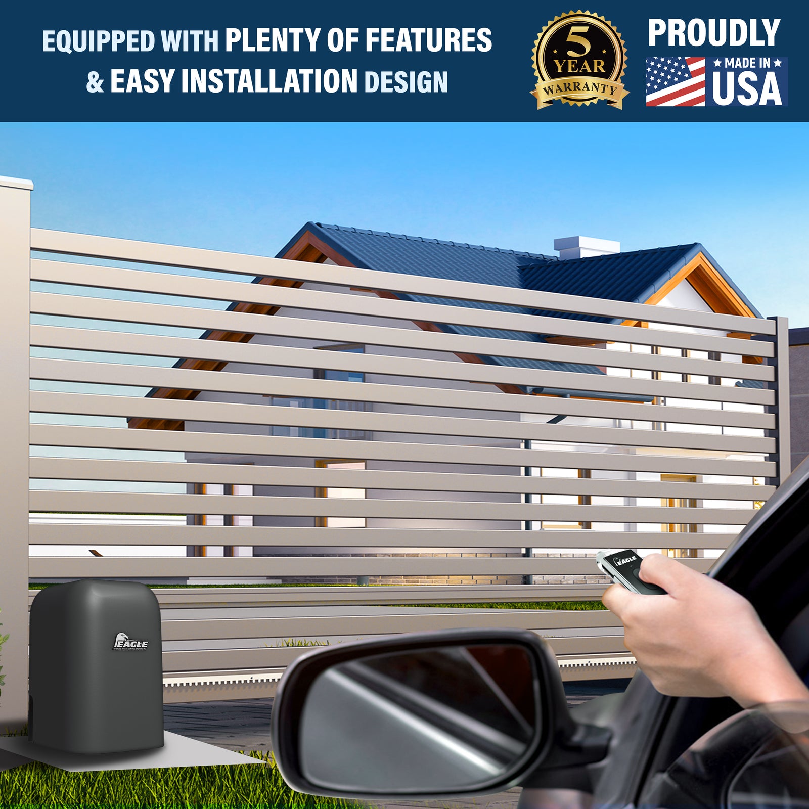 Eagle-1 Slide Gate Operator with 2 Wireless Remotes, Security Reflecti
